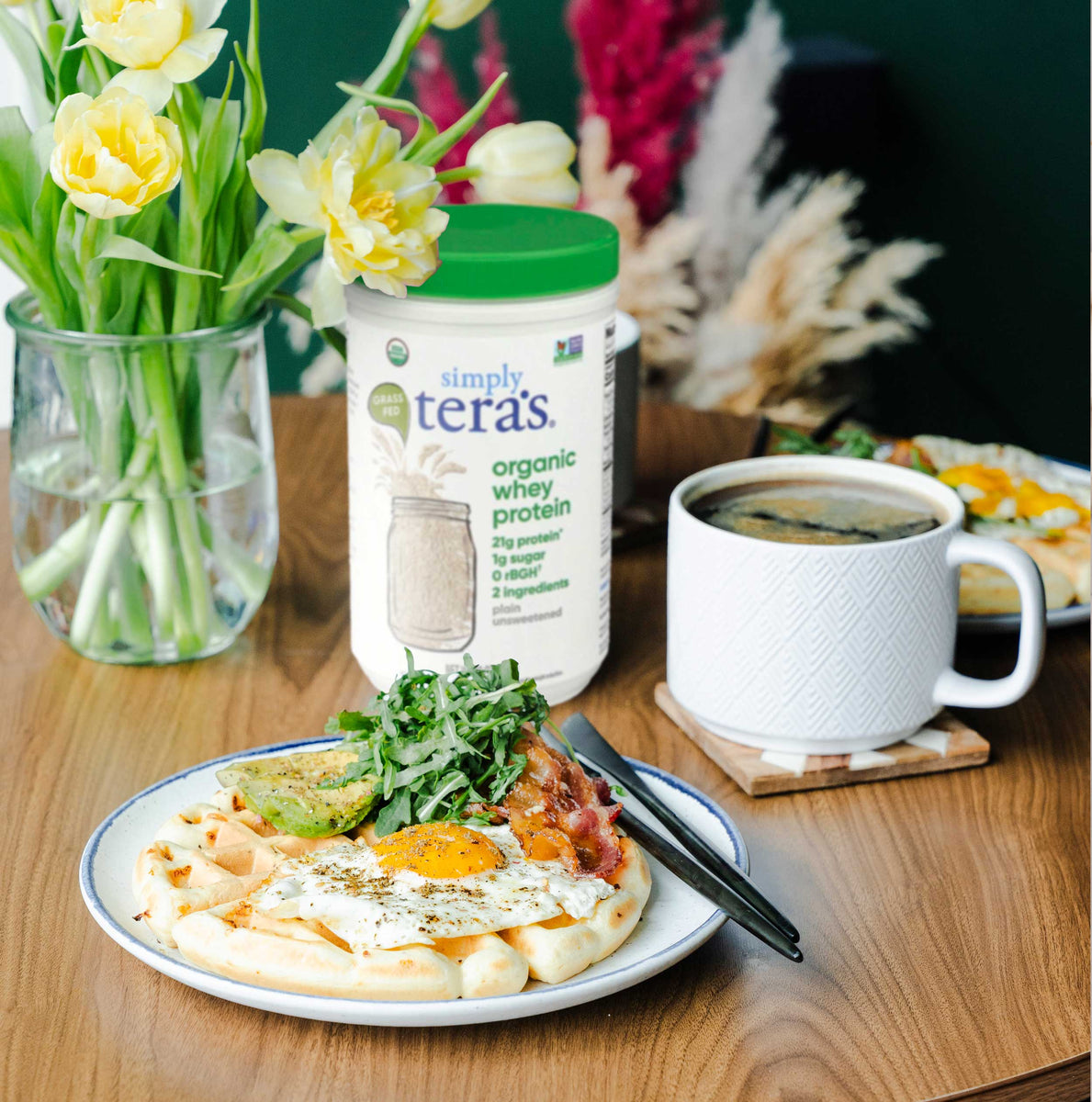 savory protein waffles with bacon & eggs – simplyteras.com